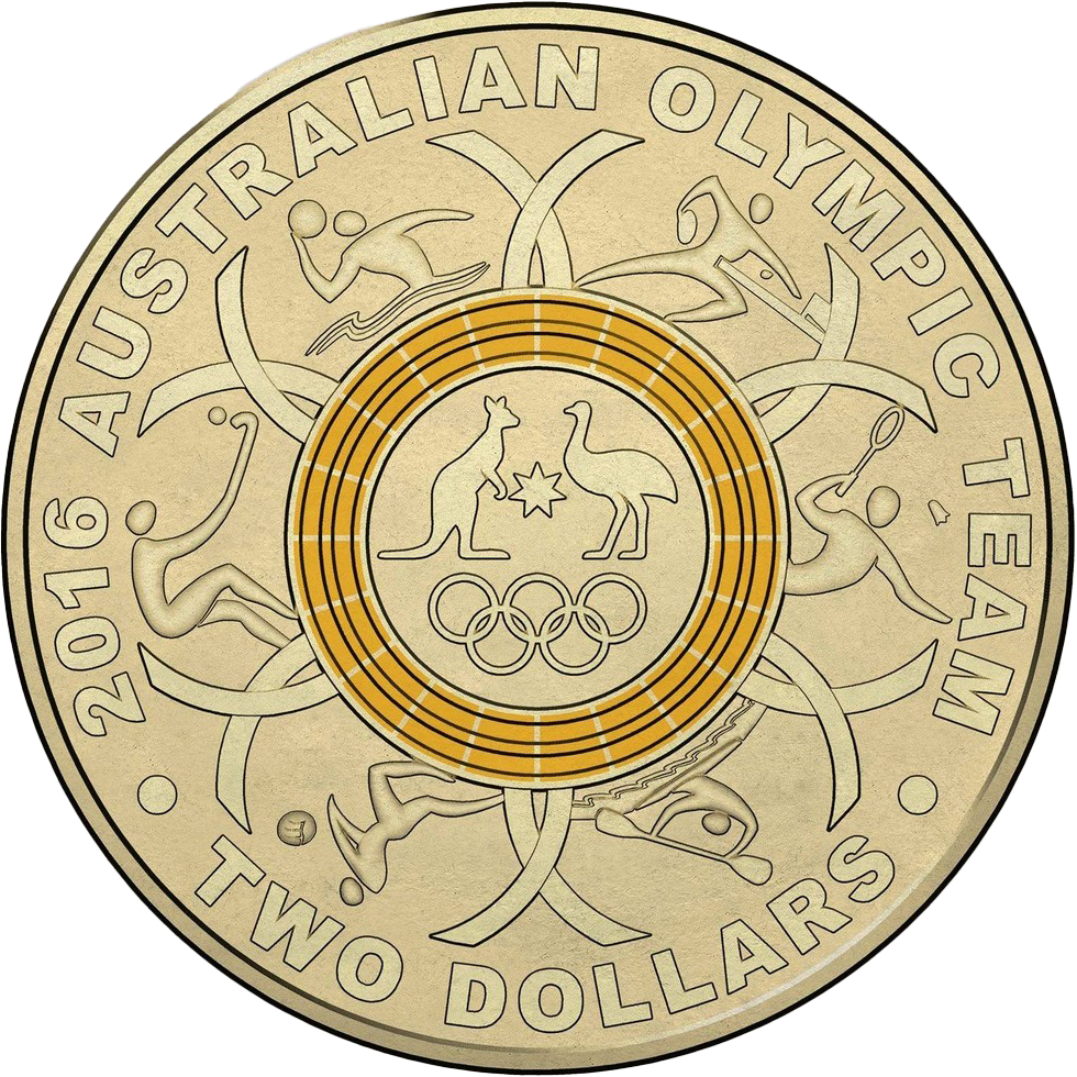 2016 $2 Australian Olympic Team Yellow Ring Coloured Al-Bronze Uncircu ...