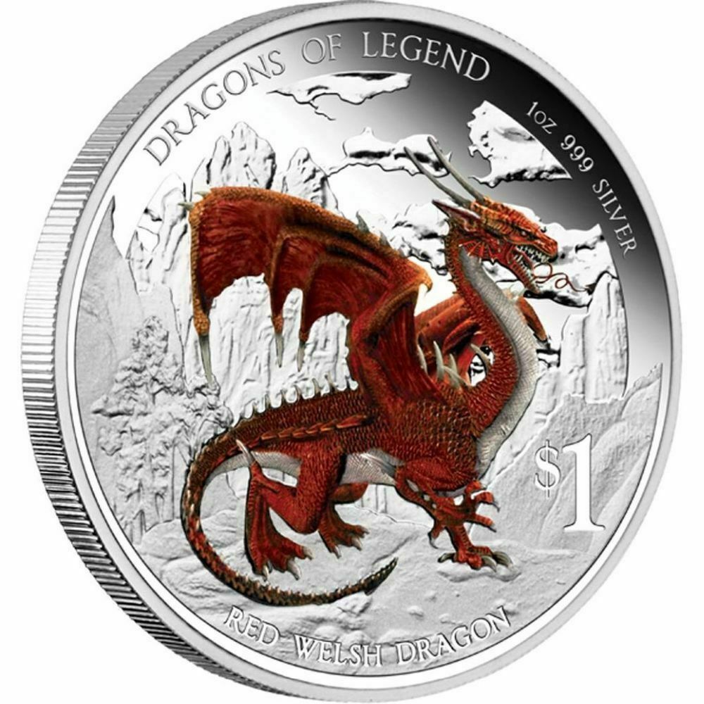 Tuvalu 2012 $1 Dragons of Legends Red Welsh Dragon 1oz Silver Coloured ...
