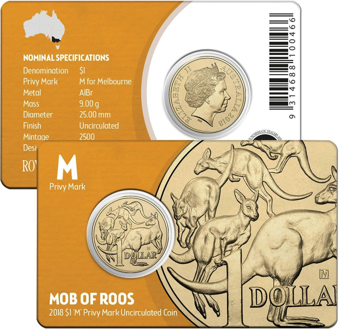2018 $1 ANDA Melbourne Mob of Roos 'M' Privy Mark Uncirculated Coin ...