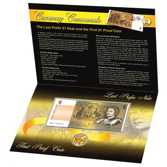 $1 Currency Crossroads Last Prefix Paper Note and First Coin Proof Pre ...